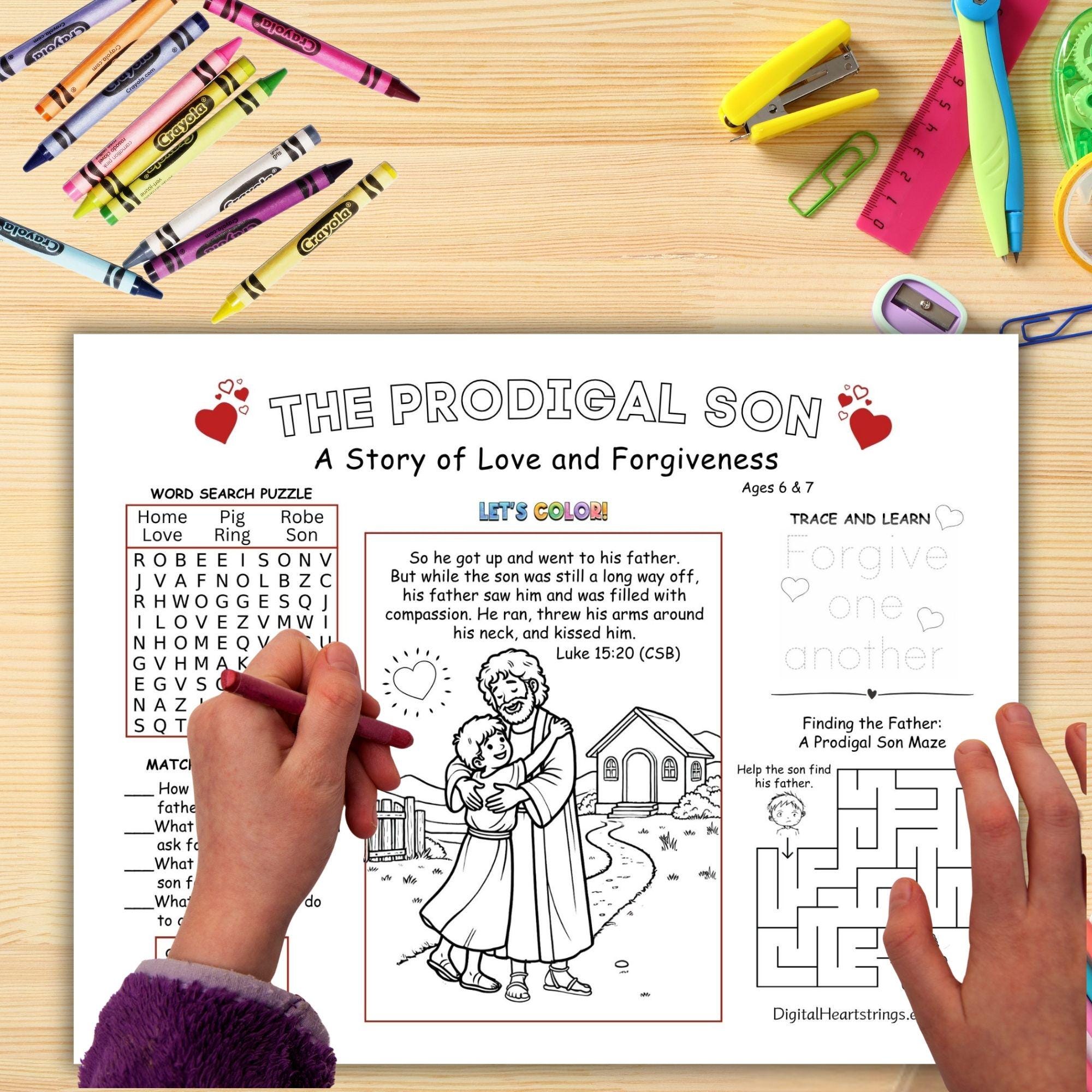 The Prodigal Son Bible Activity Page or Place-mat, Sunday School Home ...