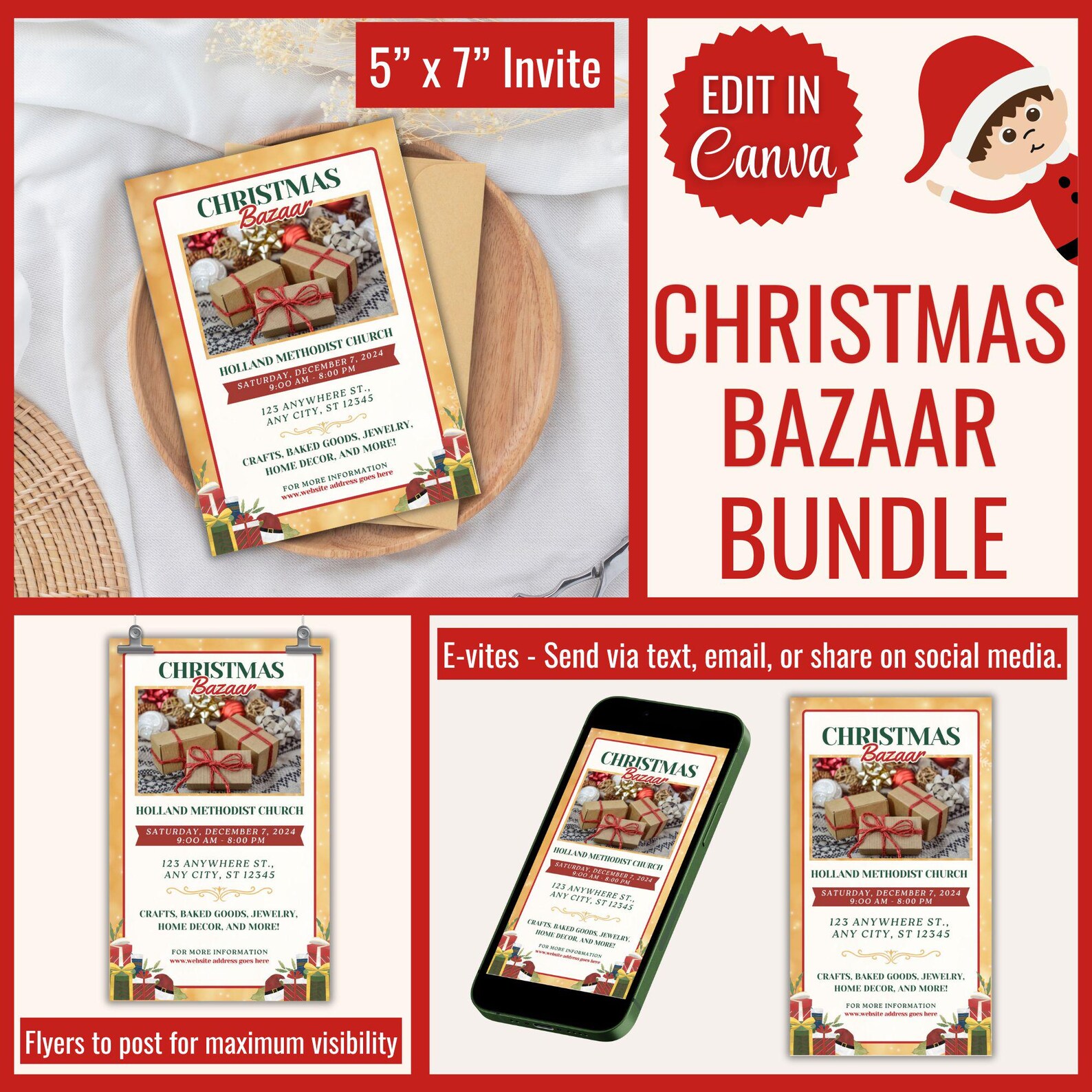 Christmas Bazaar Flyer Bundle Canva Editable Templates Neighbor Church ...