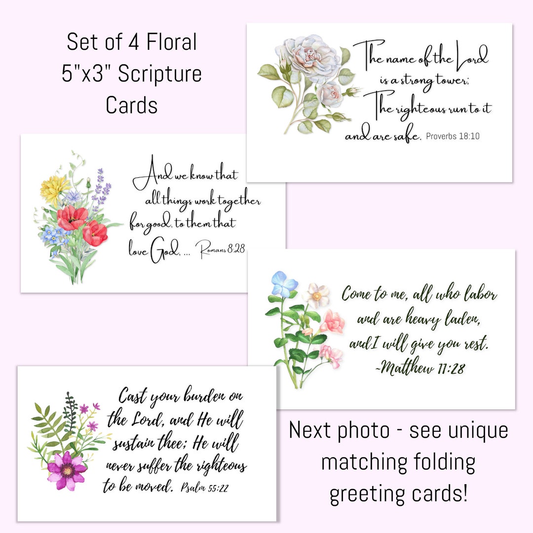 Set of 4, 5x3 Inch Floral Bible Scripture Cards & Matching Fold-up All ...