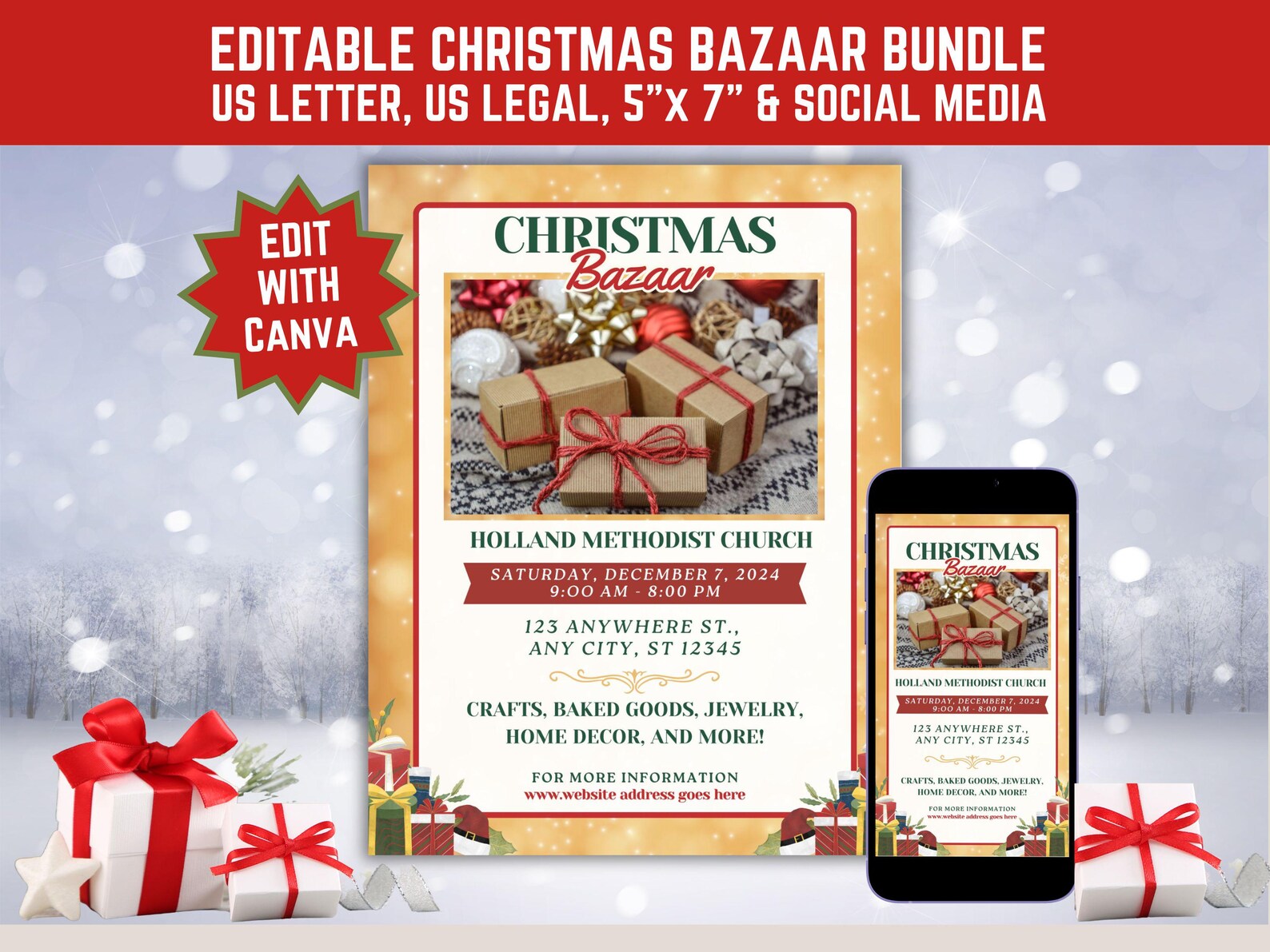 Christmas Bazaar Flyer Bundle Canva Editable Templates Neighbor Church ...