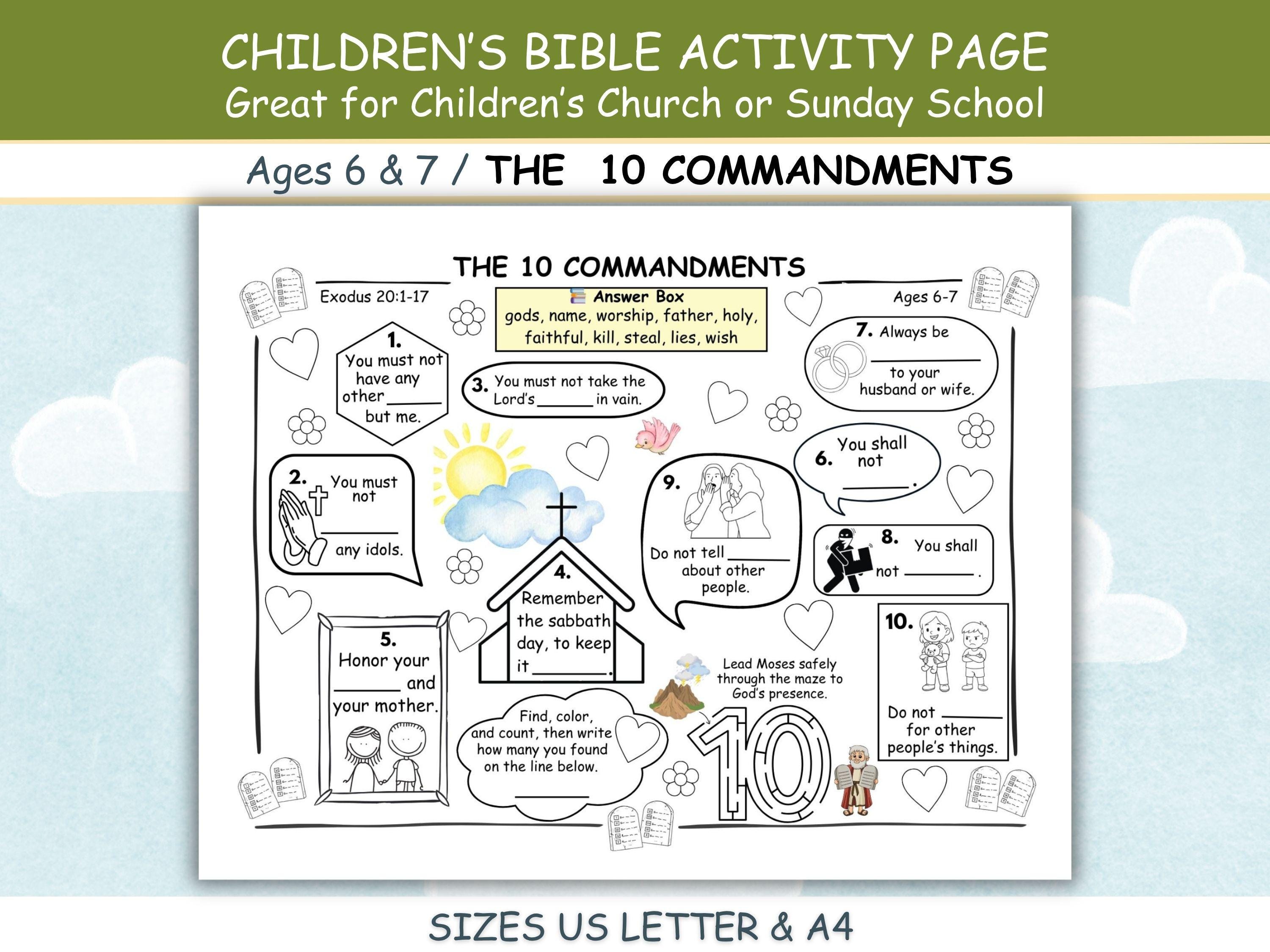 The 10 Commandments Bible Activity Page or Place-mat Sunday School Home ...
