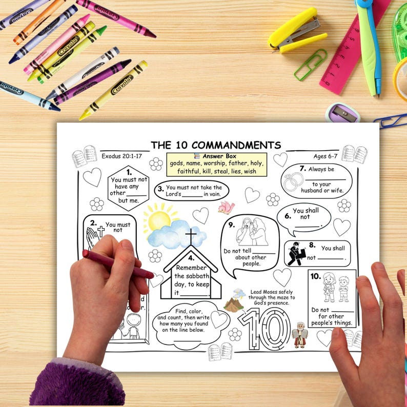The 10 Commandments Bible Activity Page or Place-mat Sunday School Home ...