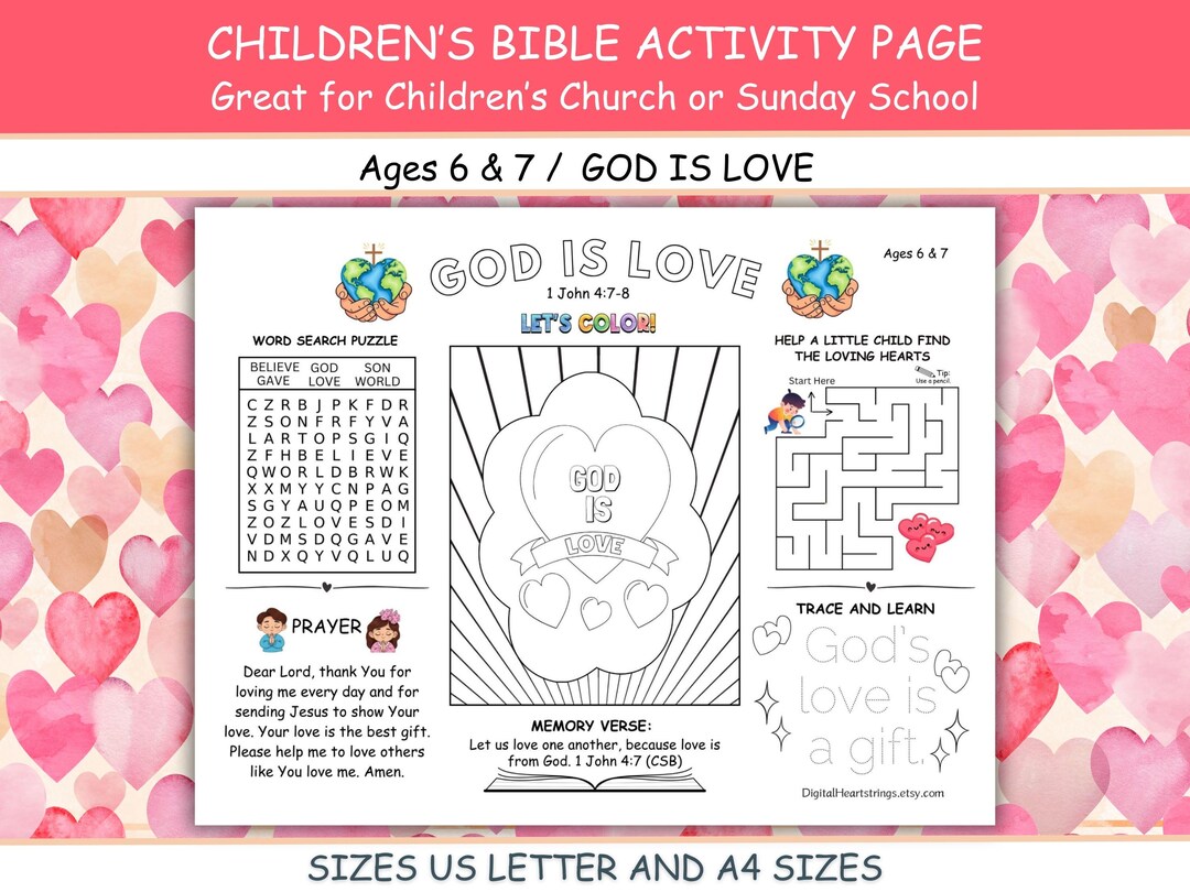 God is Love Bible Activity Page Place-mat, Bible Lesson Kids Activity ...
