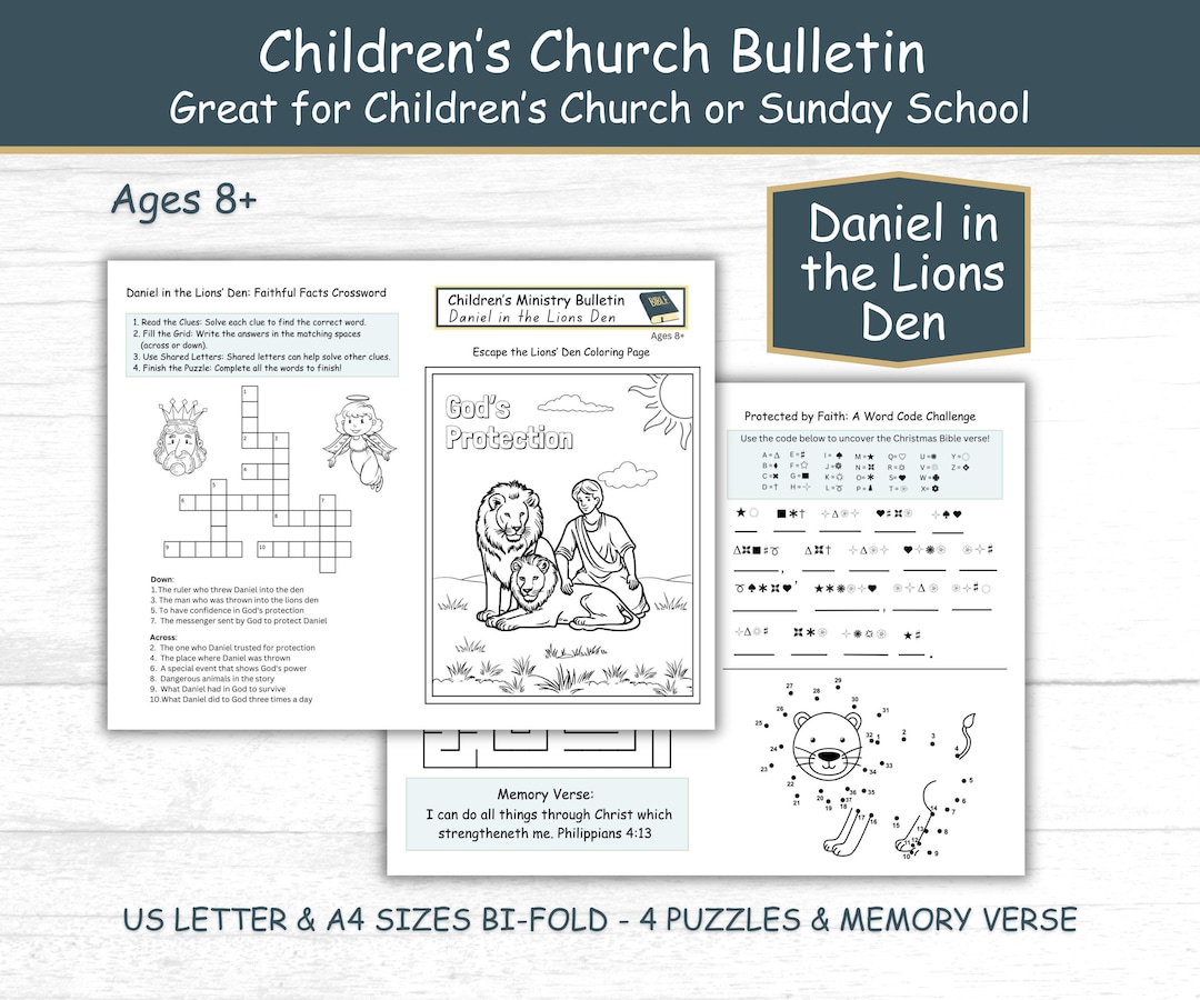 Children's Church Bulletin Bible Story Daniel in the Lions Den, Sunday ...