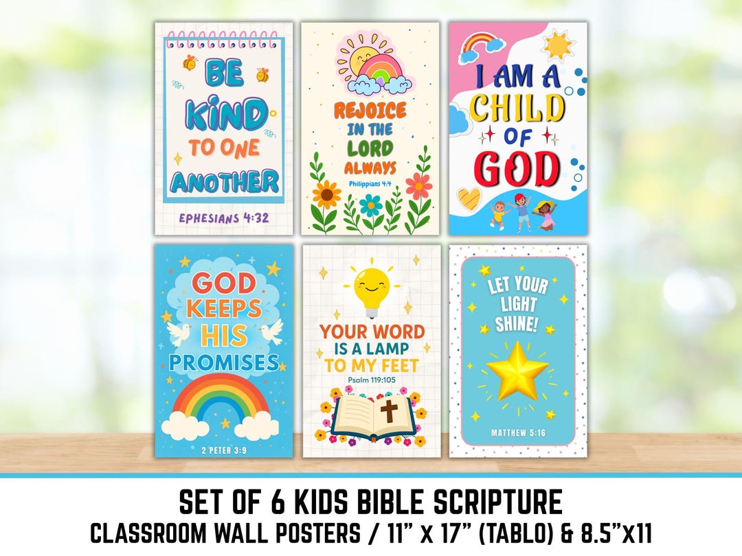 Set of 6 Bible Verse Christian Poster Wall Art for Sunday School ...