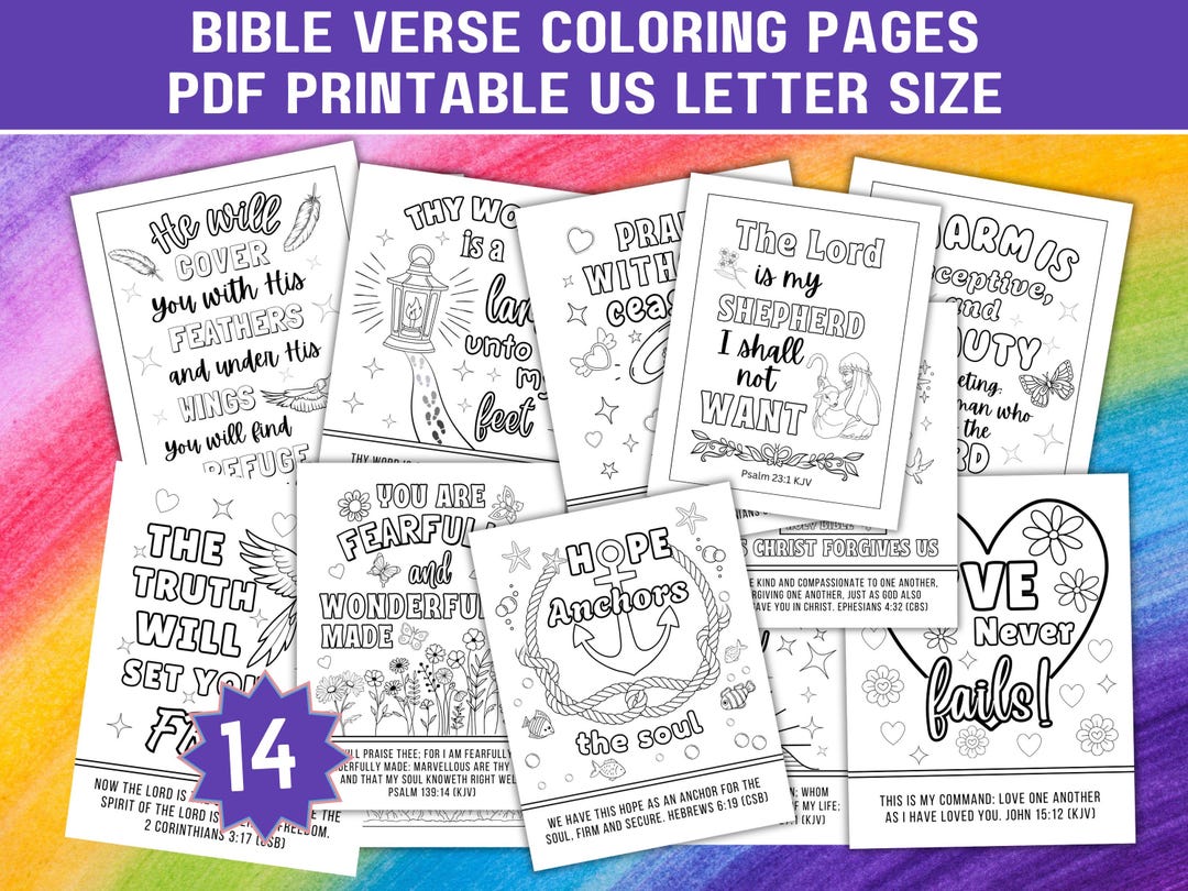 Printable Inspirational Bible Verse Coloring Page Bundle, 14 Pages of ...