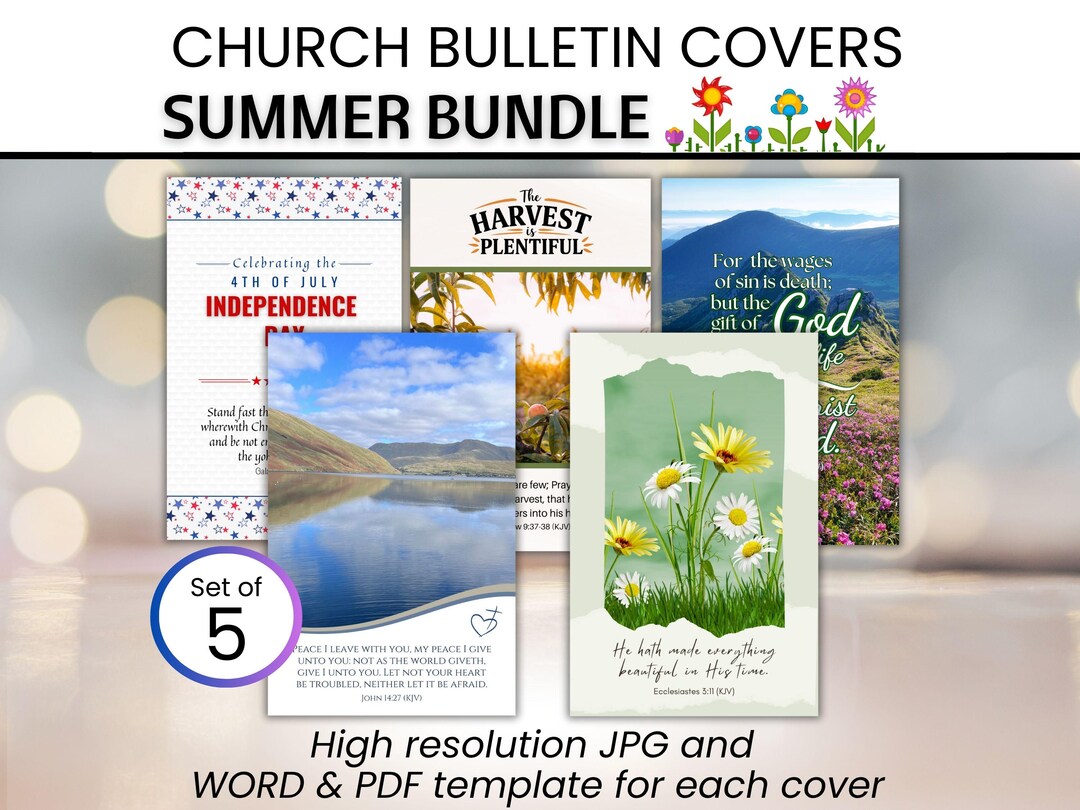 Summer Themed Printable Church Bulletin Cover Art Bundle, Set of 5, 1 ...