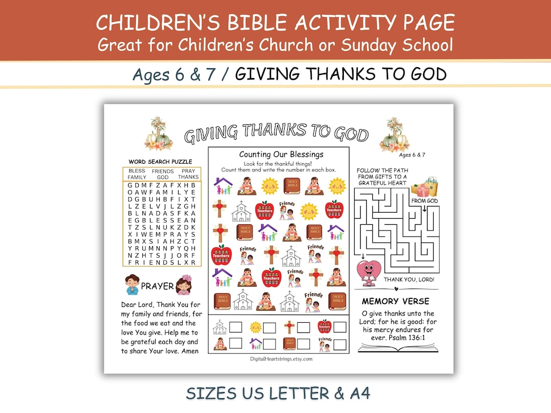 Thanksgiving Bible Activity Page for Kids Children Church Printable ...