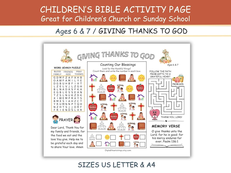Thanksgiving Bible Activity Page for Kids Children Church Printable ...