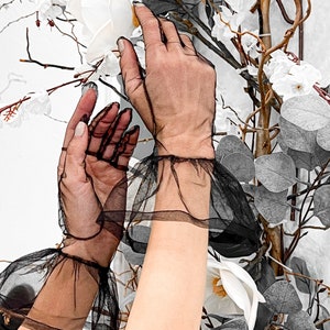 Black Tulle Gloves, Vintage Short Gloves, Ruffle Tulle Gloves, Evening ...