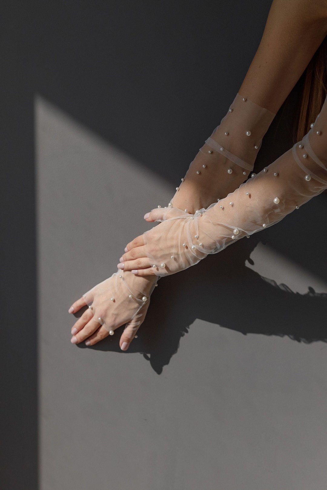 Pearl Bridal Gloves, Tulle Fingerless Gloves, Long Wedding Gloves, Off ...