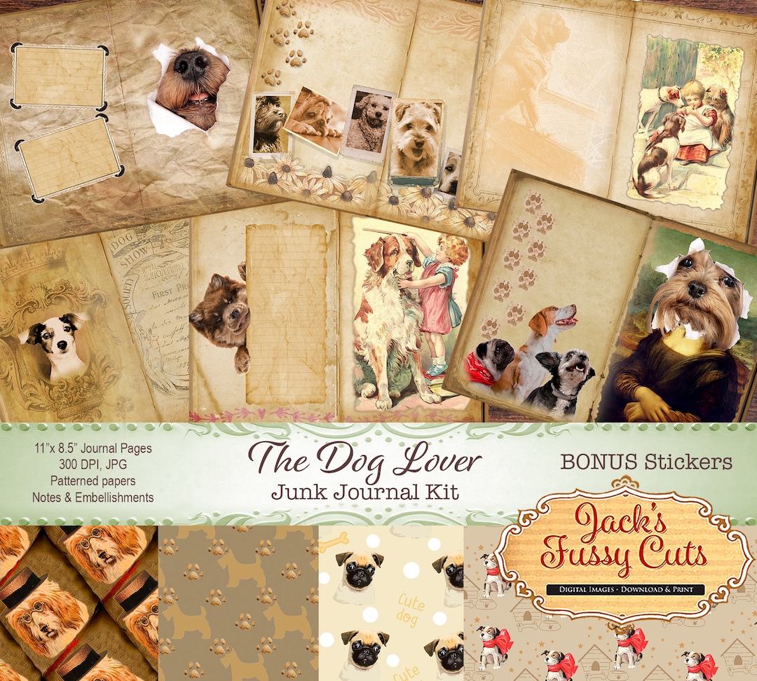 Dog Lover, Junk Journal, Digital Printable Kit, Journal Collage Spreads ...