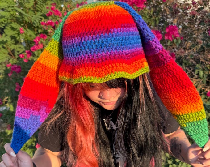 Rainbow Knit Crochet Rave Bunny Bucket Hat Festival Wear Slow Handmade ...
