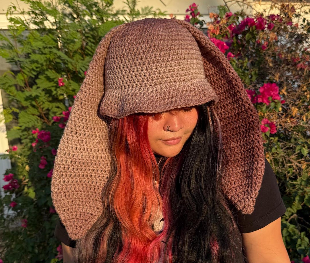 Crochet Knit Neutral Brown Bunny Ear Bucket Hat Goth Emo Alt Fashion ...
