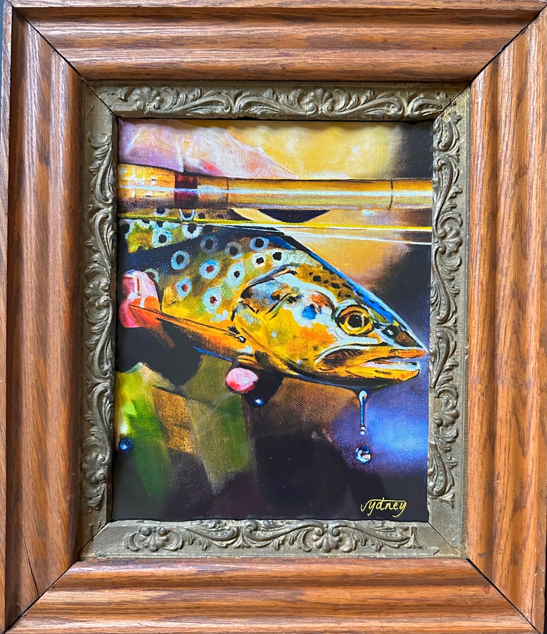 Vintage Framed Fish - Brown Trout Bamboo Fly Rod River Fishing in Hand ...