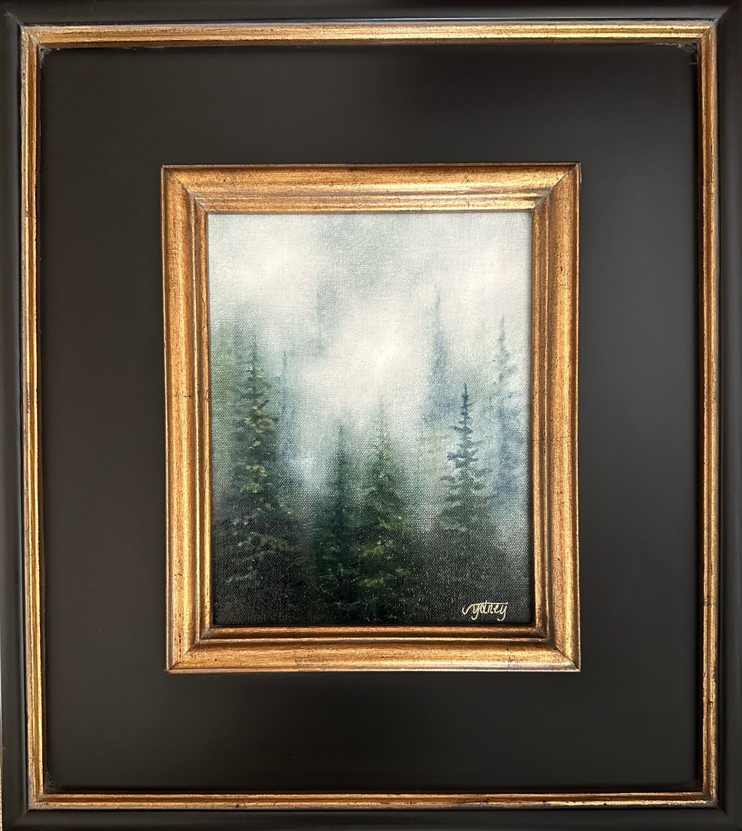 Foggy Evergreens Original Tree Art Signed and Framed Oil Painting on ...