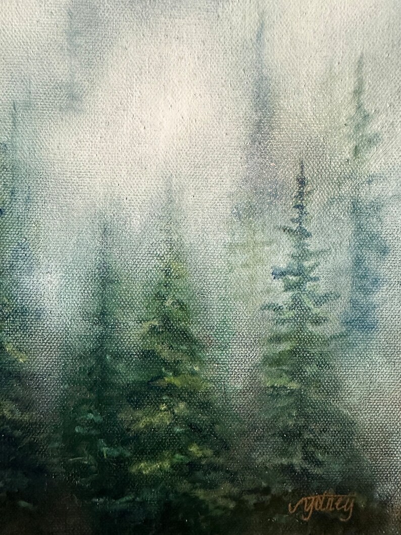 Foggy Evergreens Original Tree Art Signed and Framed Oil Painting on ...