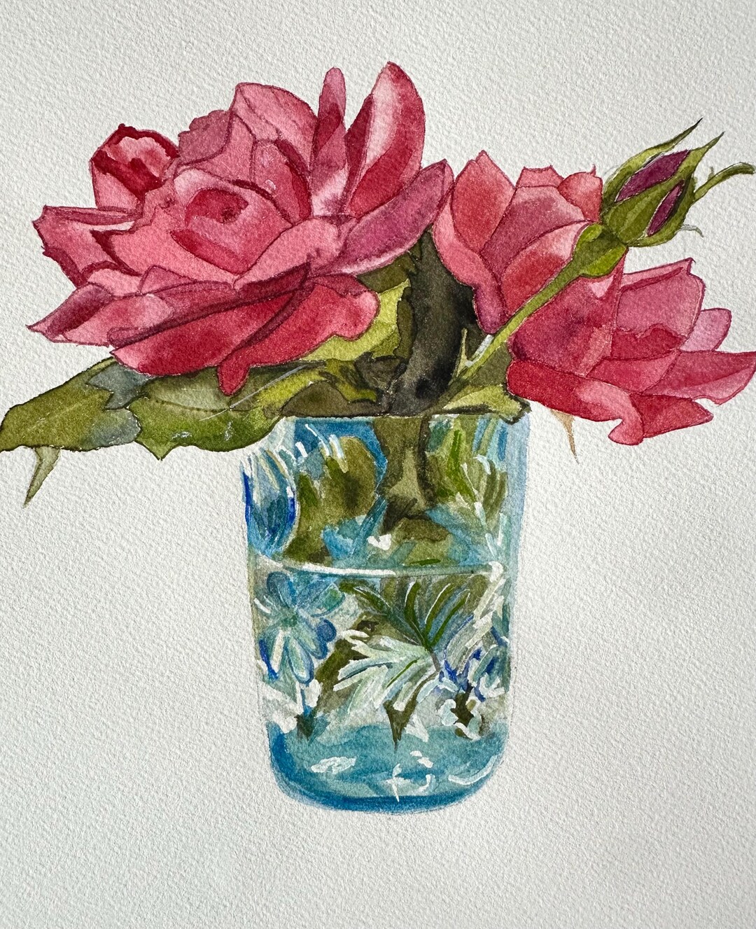 Giclee Print of Original Watercolor Painting: Pink Roses in Vintage ...