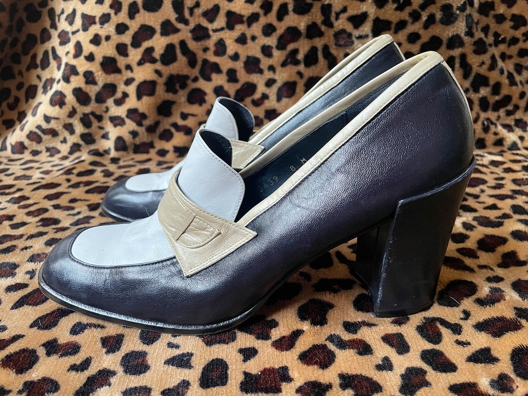 Vintage 90s Donald J. Pilner Black Preppy White and Tan Heeled Loafers ...