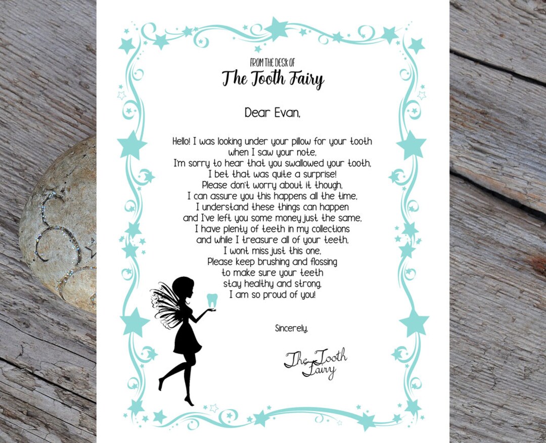 Tooth Fairy Letter Child Swallowed Tooth Letter From Tooth Fairy ...