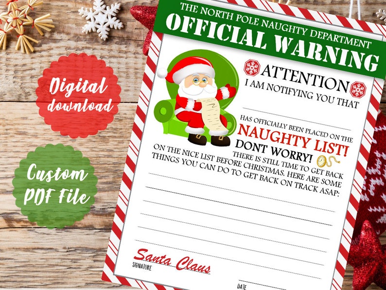 Santa WARNING Letter PDF IMPRIMABLE Naughty Behavior Santa - Etsy France
