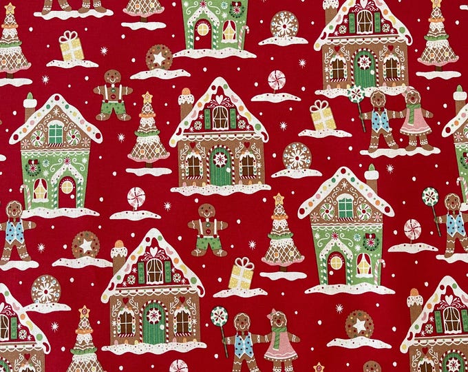 Red Christmas Gingerbread House Fabric: Vintage Cotton Print - Etsy