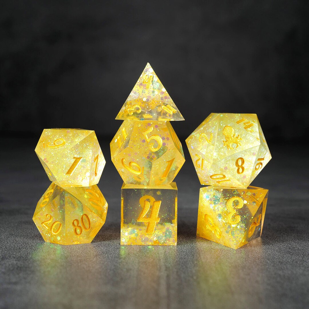 Kraken Lux Production Sample #22 7pc Dice Set, Sharp Edge Polyhedral Handmade Resin Dice Set, D ...