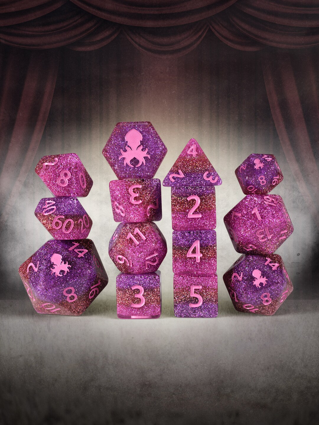Fortune Teller 14pc Dice Set Inked in Pink | Kraken Dice DND Role ...
