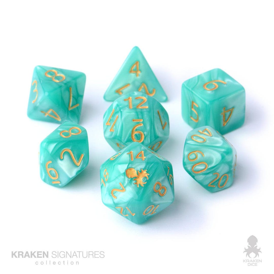 Kraken Signature's 7pc Aqua With Gold Ink Polyhedral RPG Dice Set - Etsy