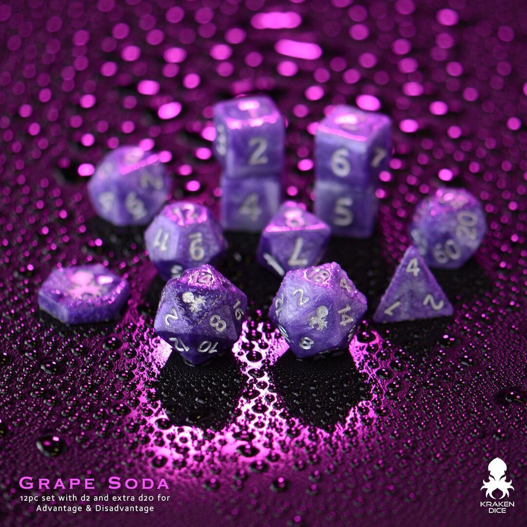 Grape Soda 14pc Dnd Dice Set With Kraken Logo in Silver Ink | Dnd ...