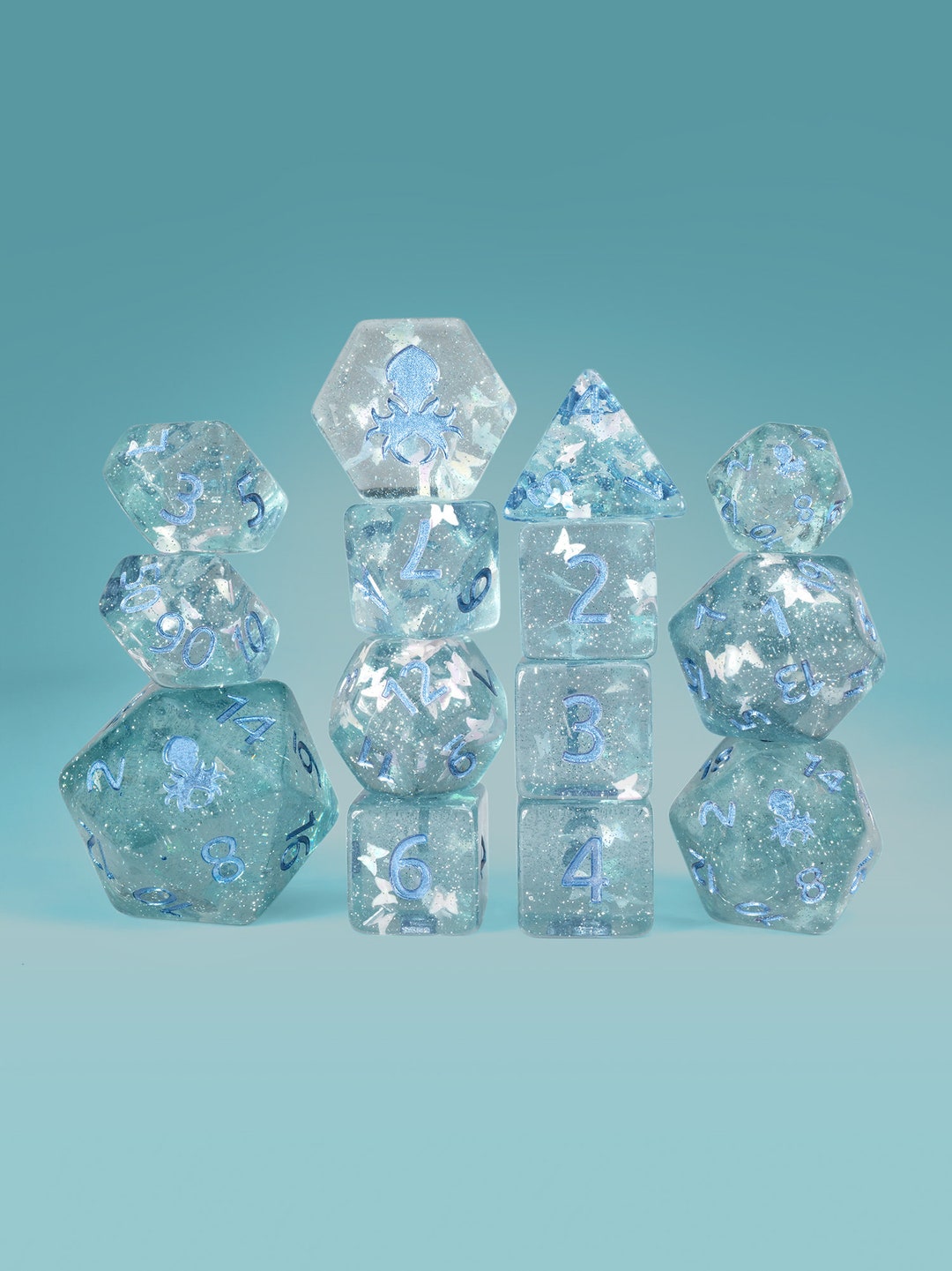 Alluring Azure 14pc TTRPG Dice Set With Blue Ink | Butterfly Inclusion ...