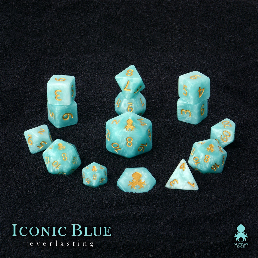 Iconic Blue: Everlasting 14pc Dice Set With Gold Ink | Polyhedral Dice ...