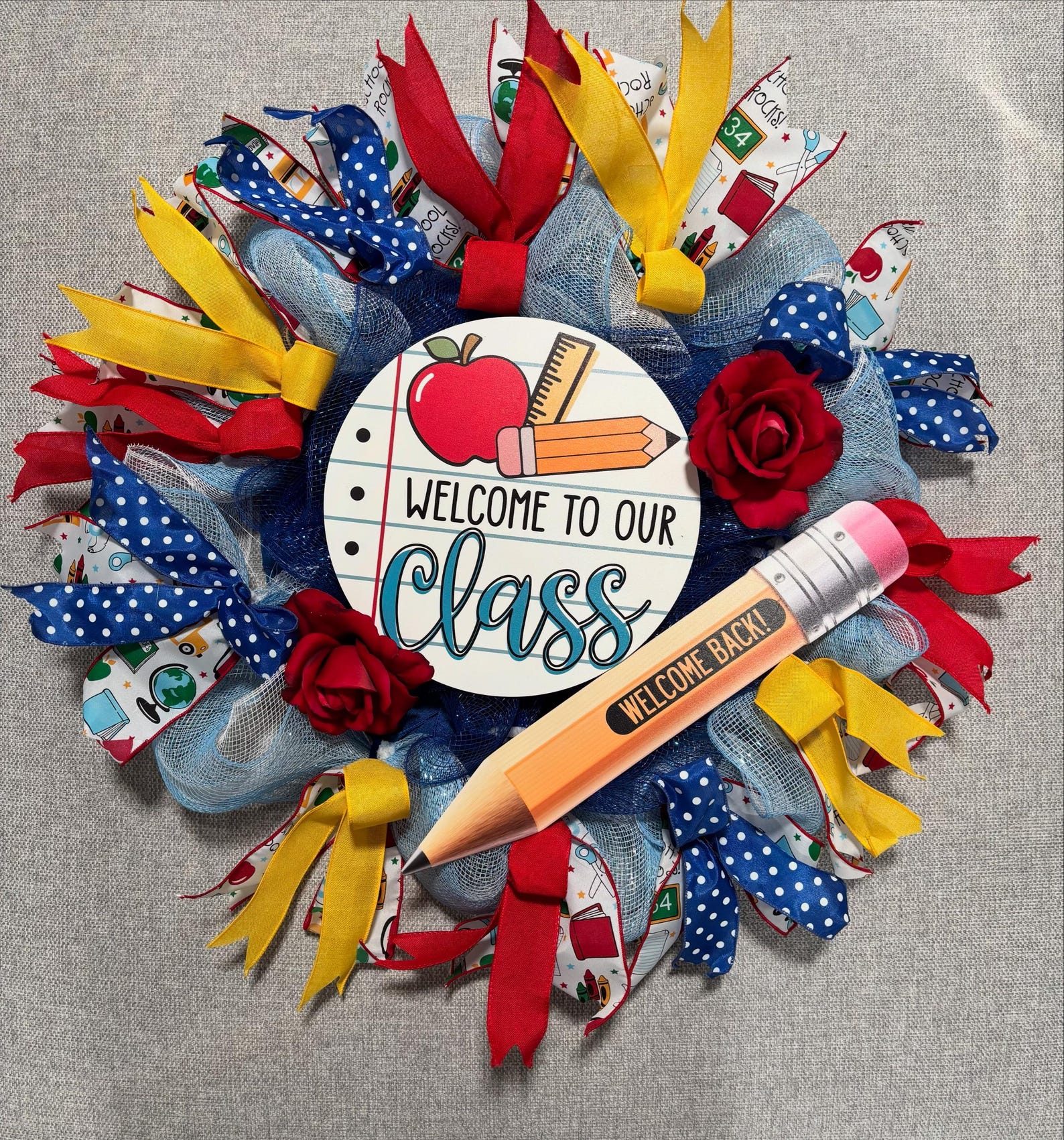 Welcome to Our Class Wreath for a Classroom. Blue, Red & Yellow Ribbons ...