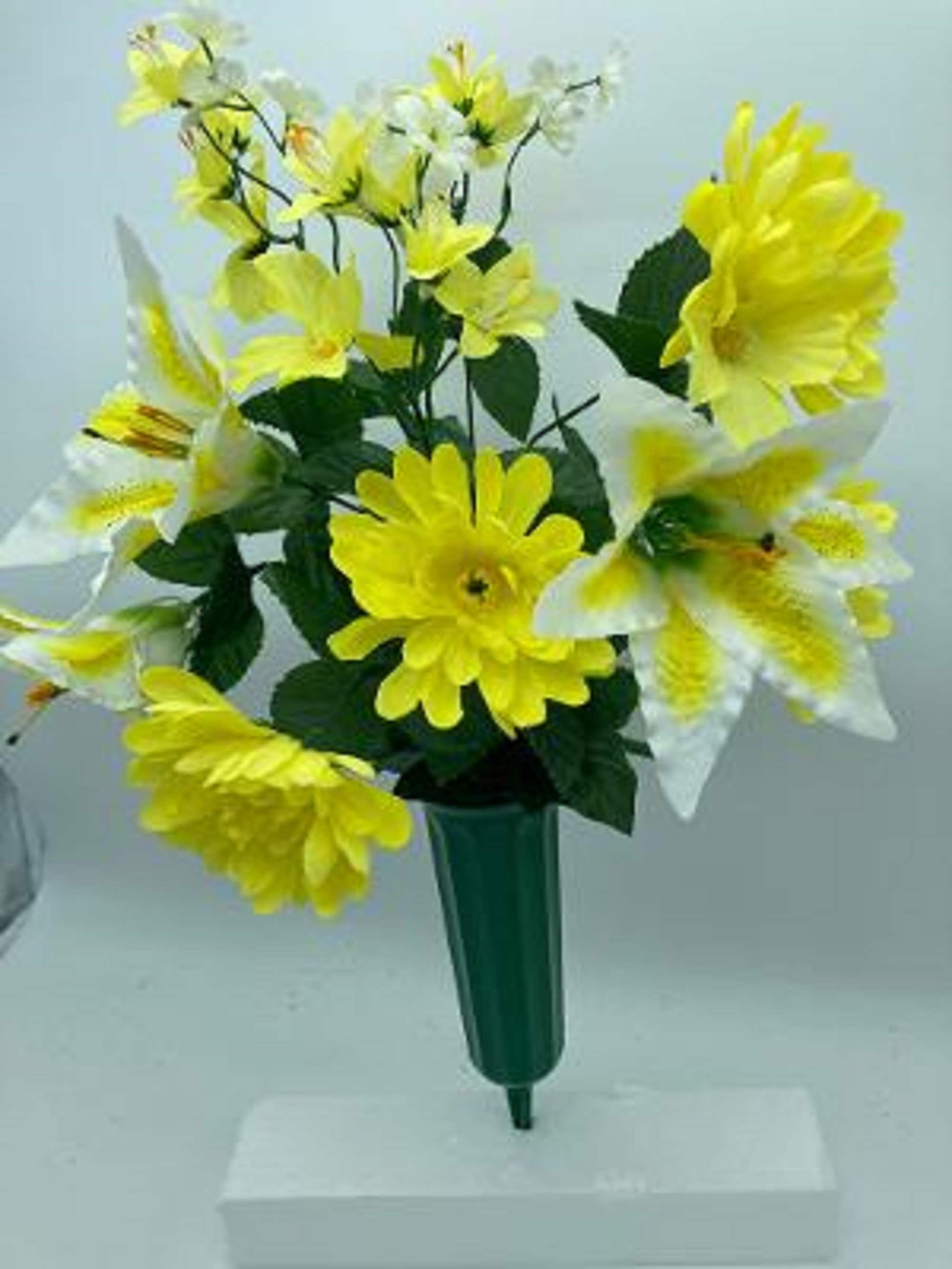 Cemetery Vase Silk Flower Bouquet YELLOW Chrysanthemums WHITE Lilies ...