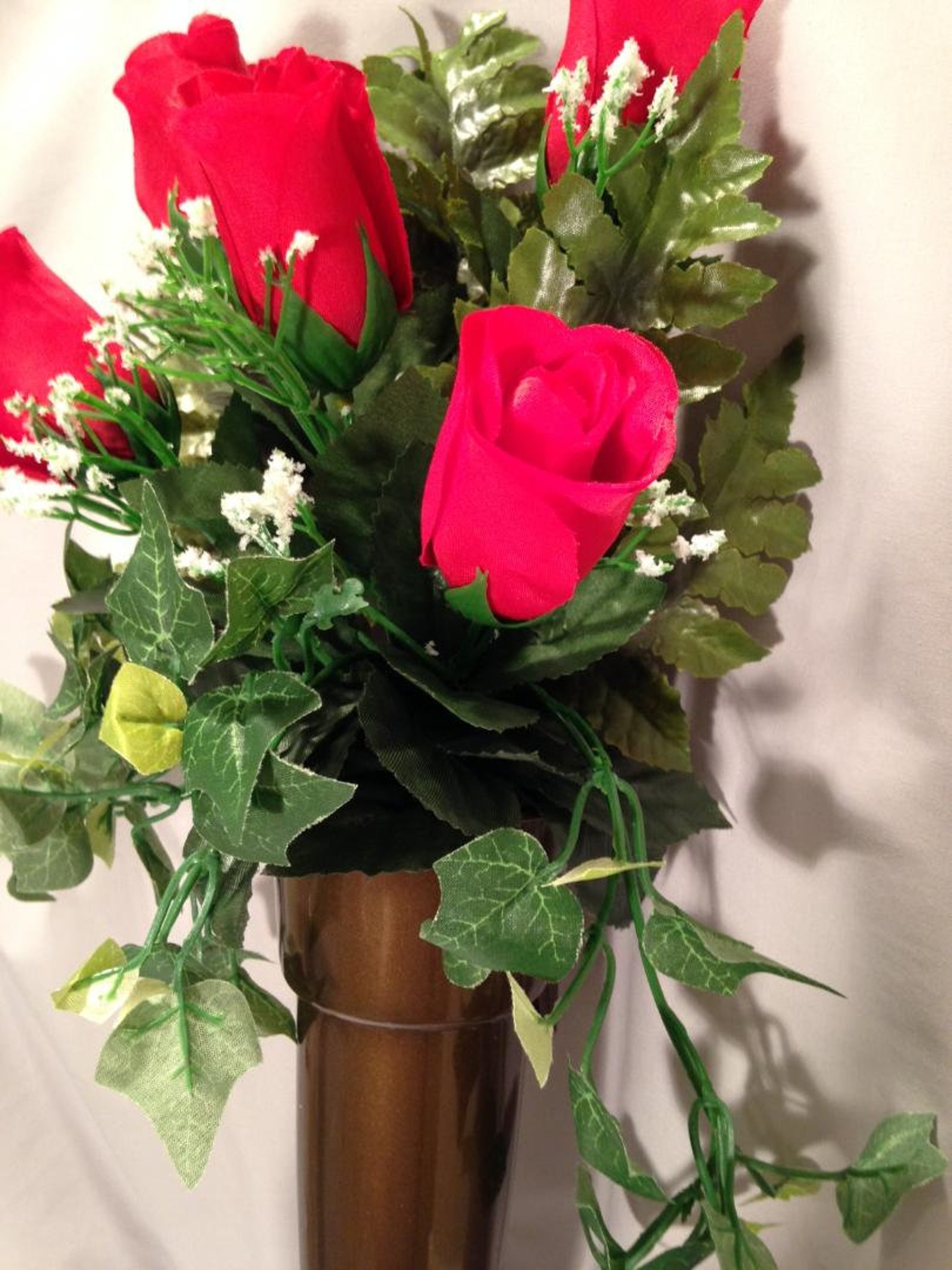 Crypt Mausoleum Vase & Red Rose Silk Flowers W/ Button Bolt Support for ...