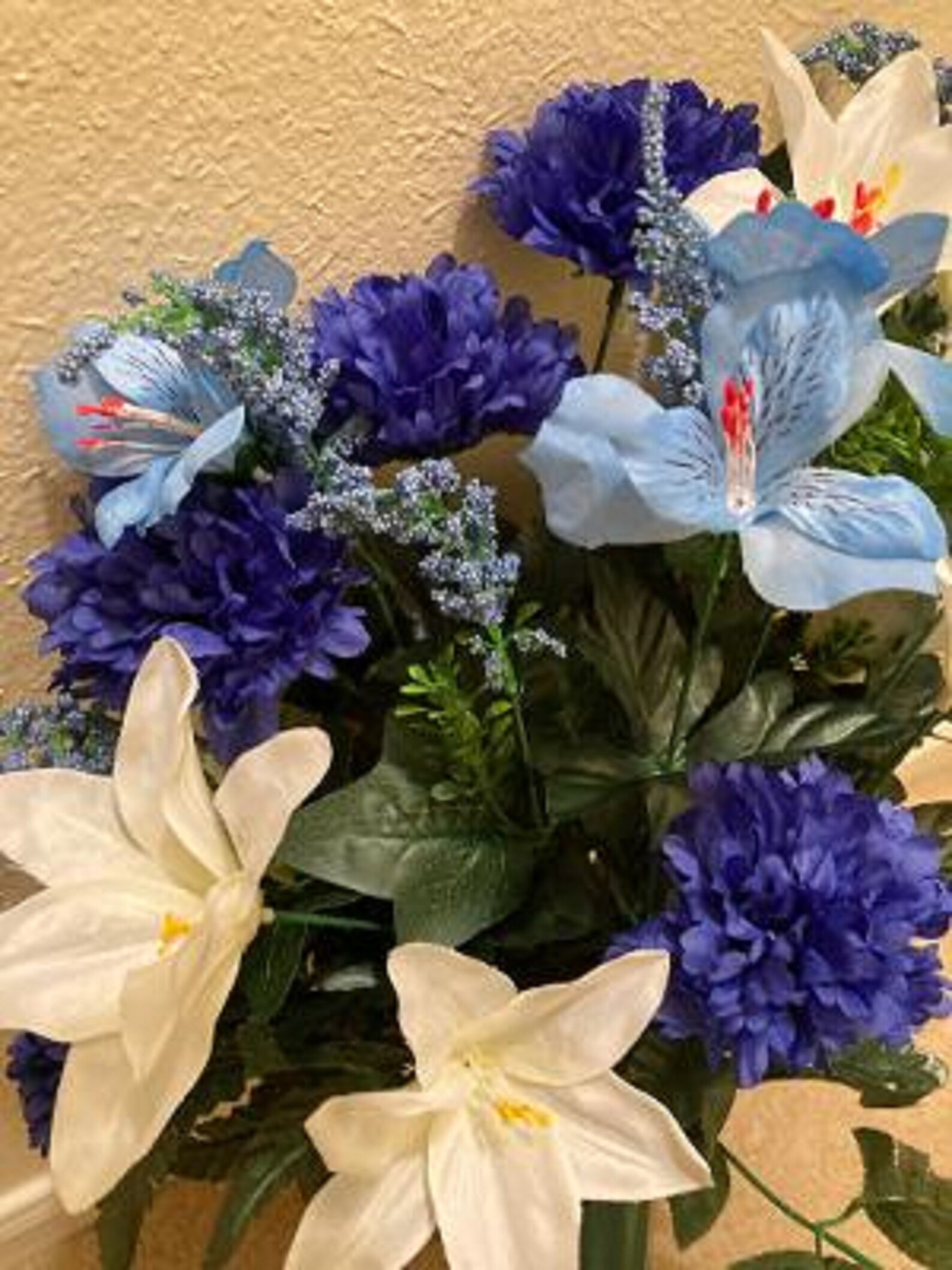 Cemetery Vase of Silk Blue Mum Lilly for Grave-site Presentation of ...