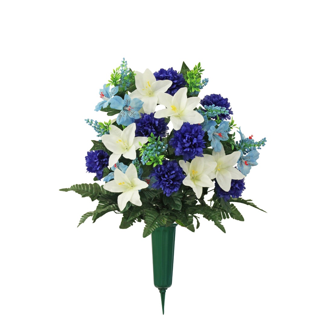 Cemetery Vase of Silk Blue Mum Lilly for Grave-site Presentation of ...
