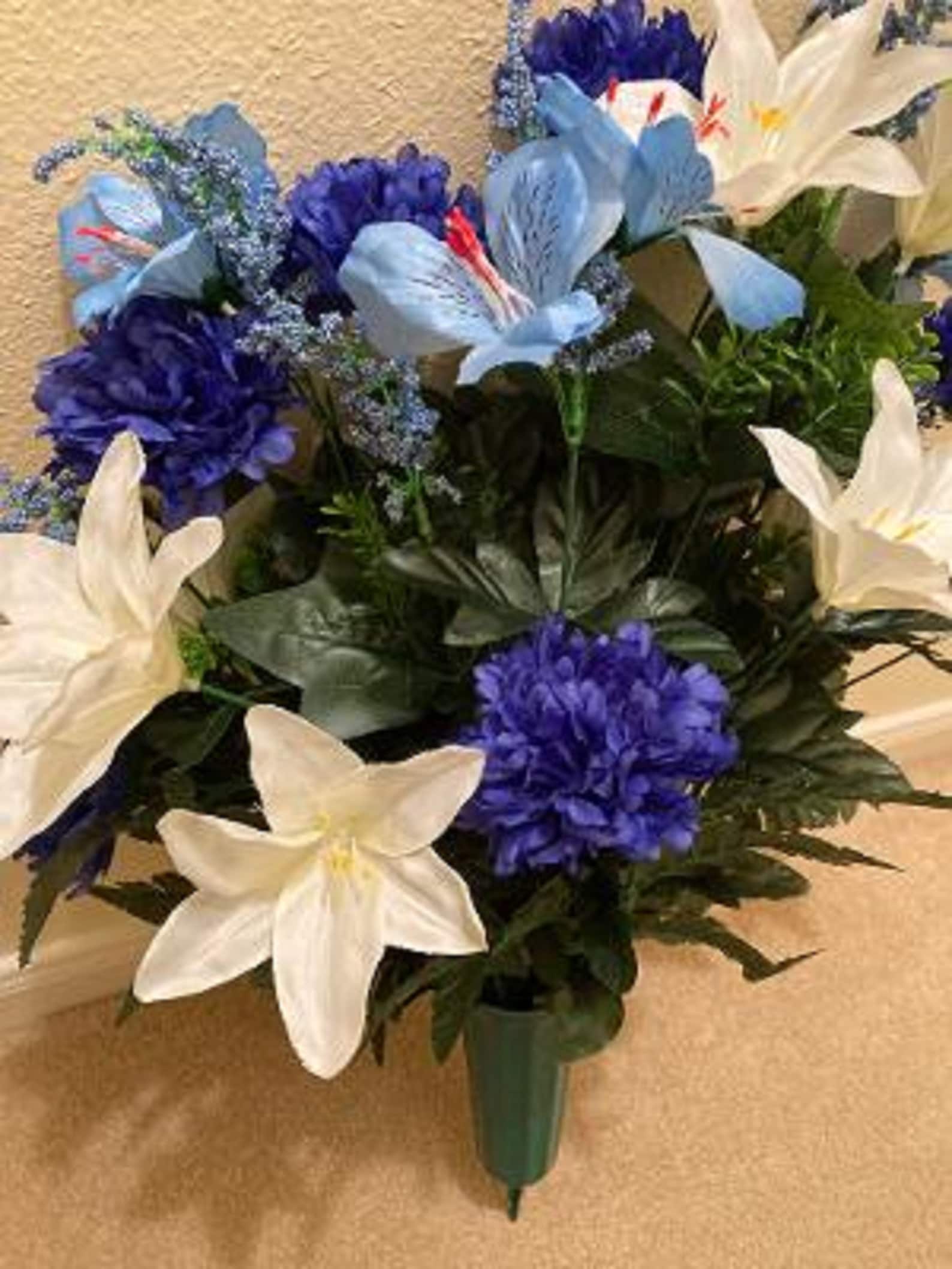 Cemetery Vase of Silk Blue Mum Lilly for Grave-site Presentation of ...