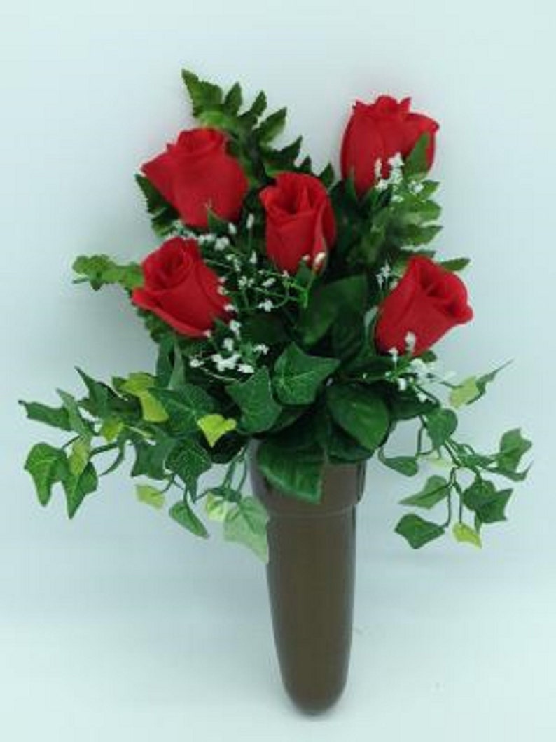 Crypt Mausoleum Vase & Red Rose Silk Flowers W/ Button Bolt Support for ...