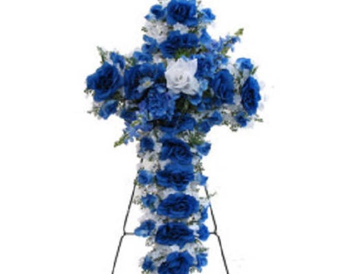 Silk Flower CROSS in BLUE Easel Mount for Grave-site Presentation in ...