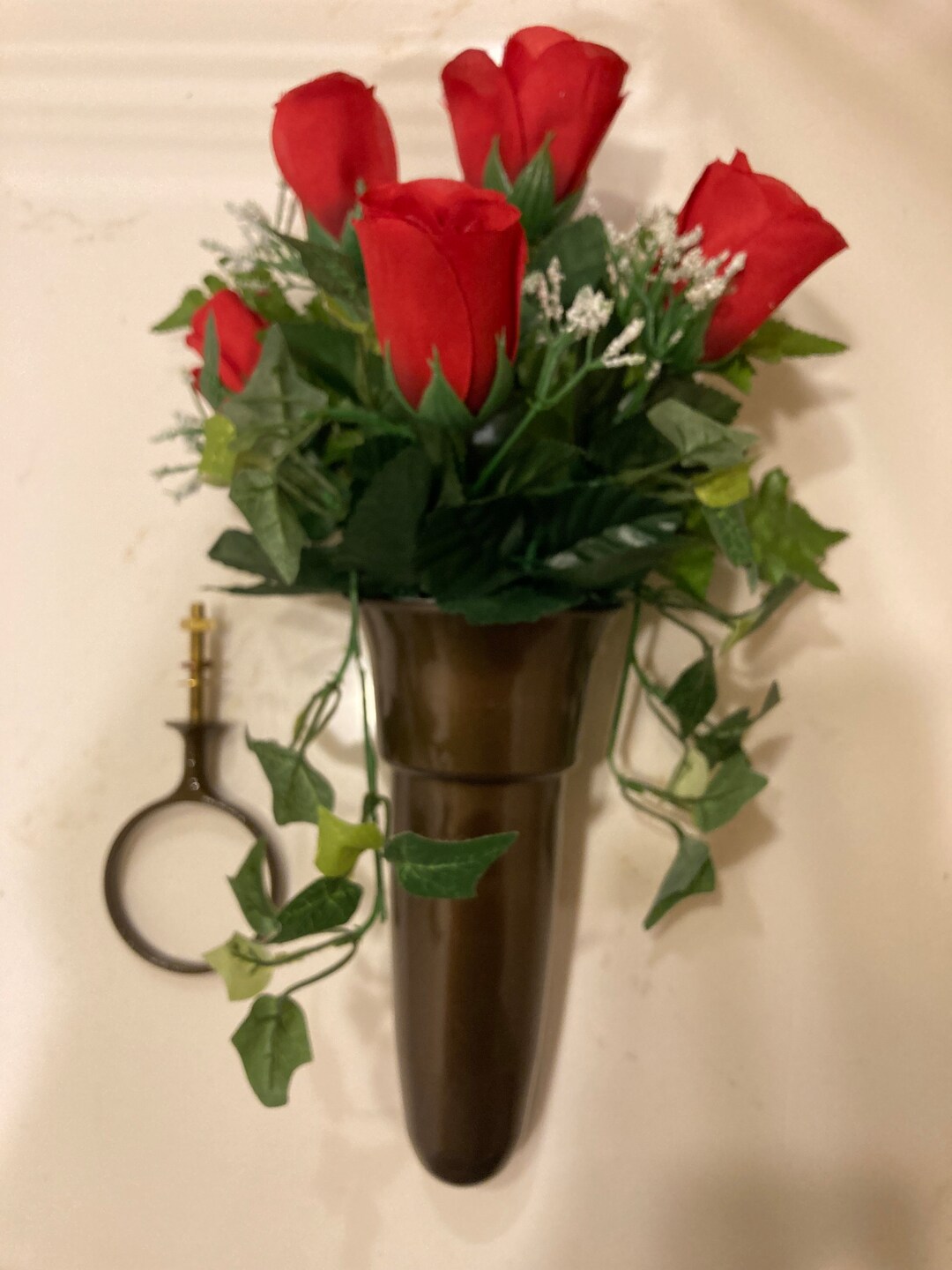Crypt Mausoleum Vase & Red Rose Silk Flowers W/ Ring Bolt Support for ...