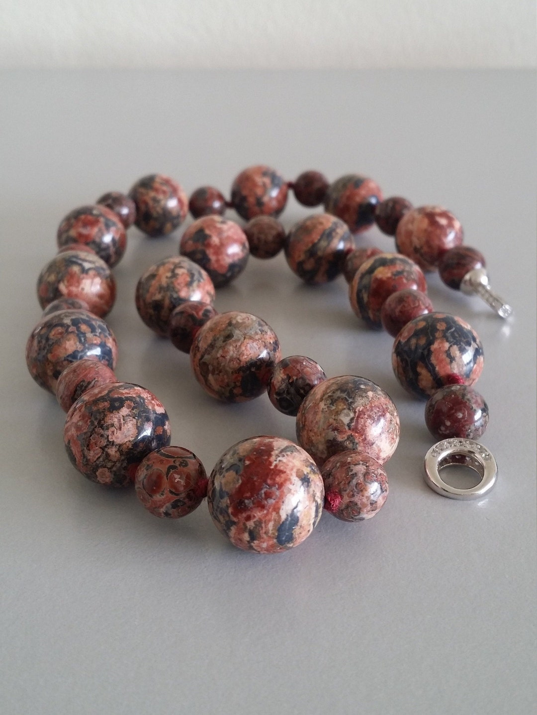Jasper Gemstone Necklace, Sterling Silver Diamante Clasp, 10mm and 16mm ...