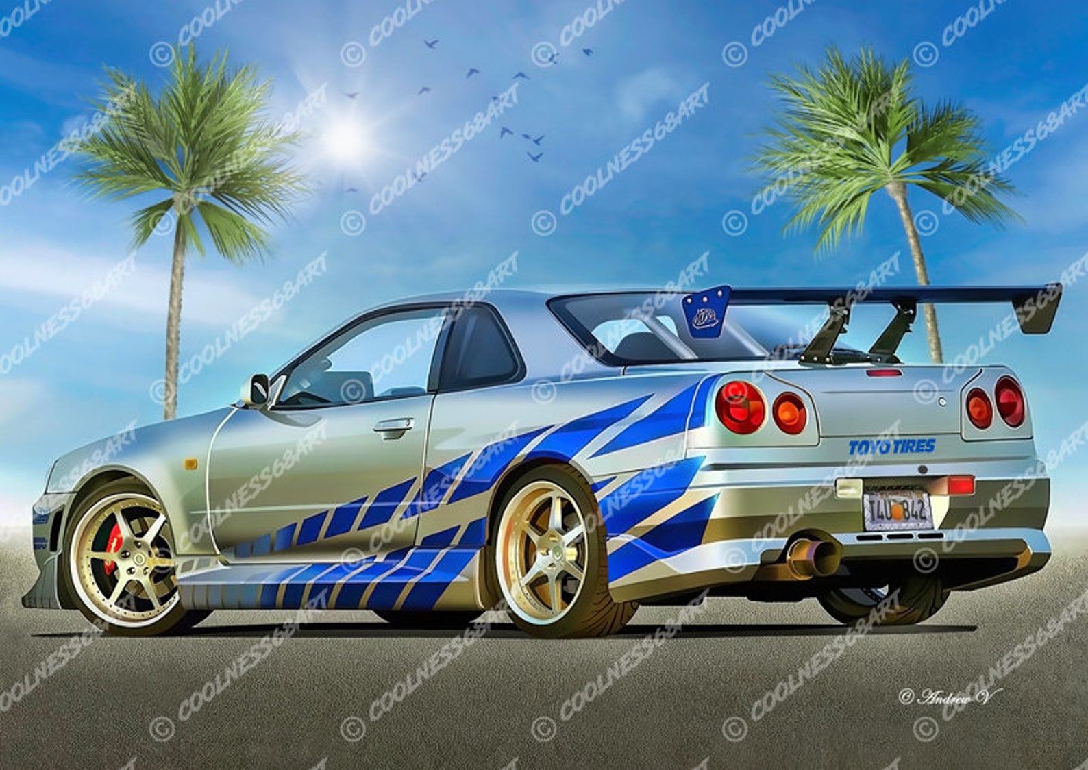 2 Fast 2 Furious - Brian's Nissan GTR R34 Original Art Print - Movie ...