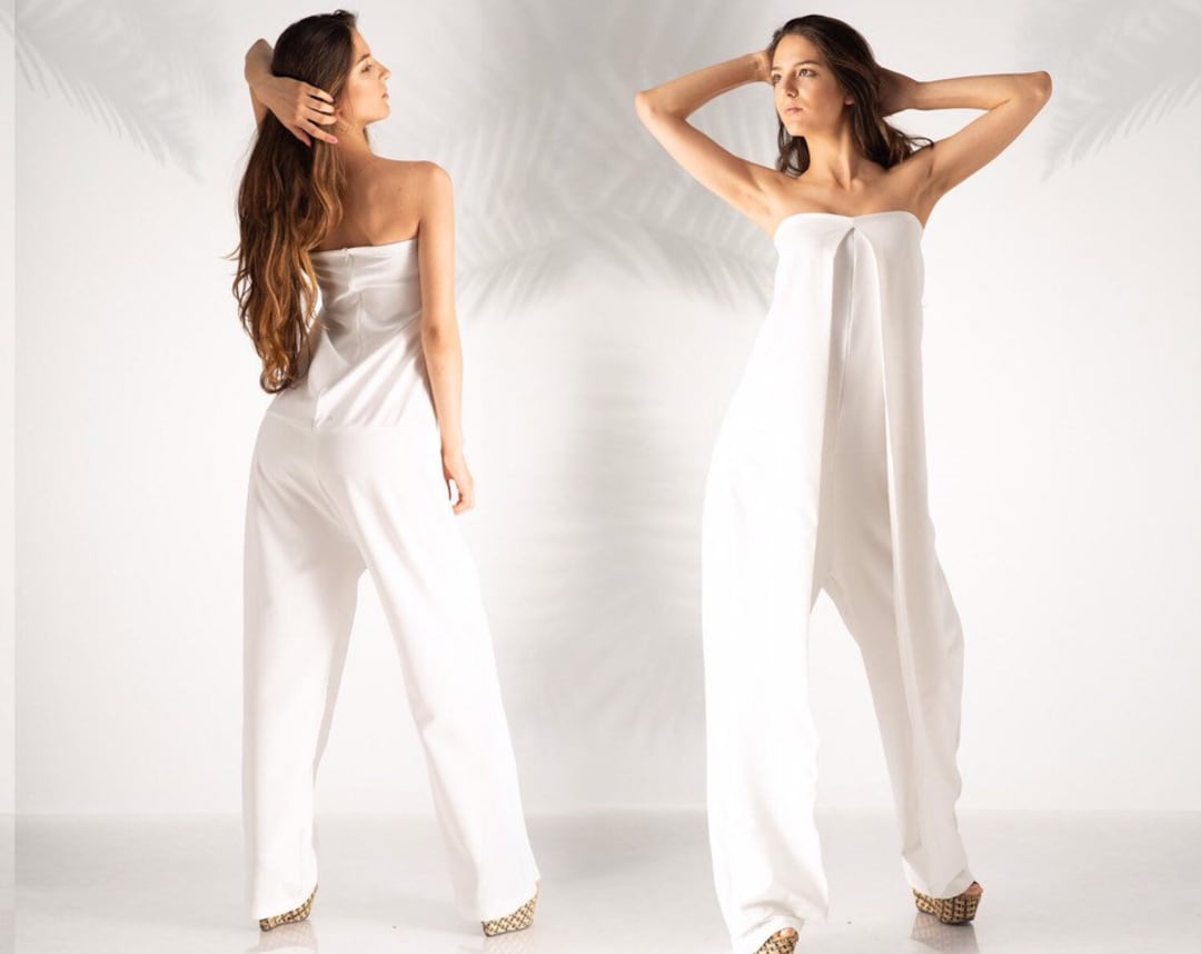 White Dressy Jumpsuit, Women Wedding Jumpsuit, Formal Jumpsuit, Palazzo ...