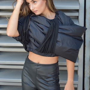 Cropped Puffer Jacket, Black Puffer Jacket, Deconstructed Clothing ...