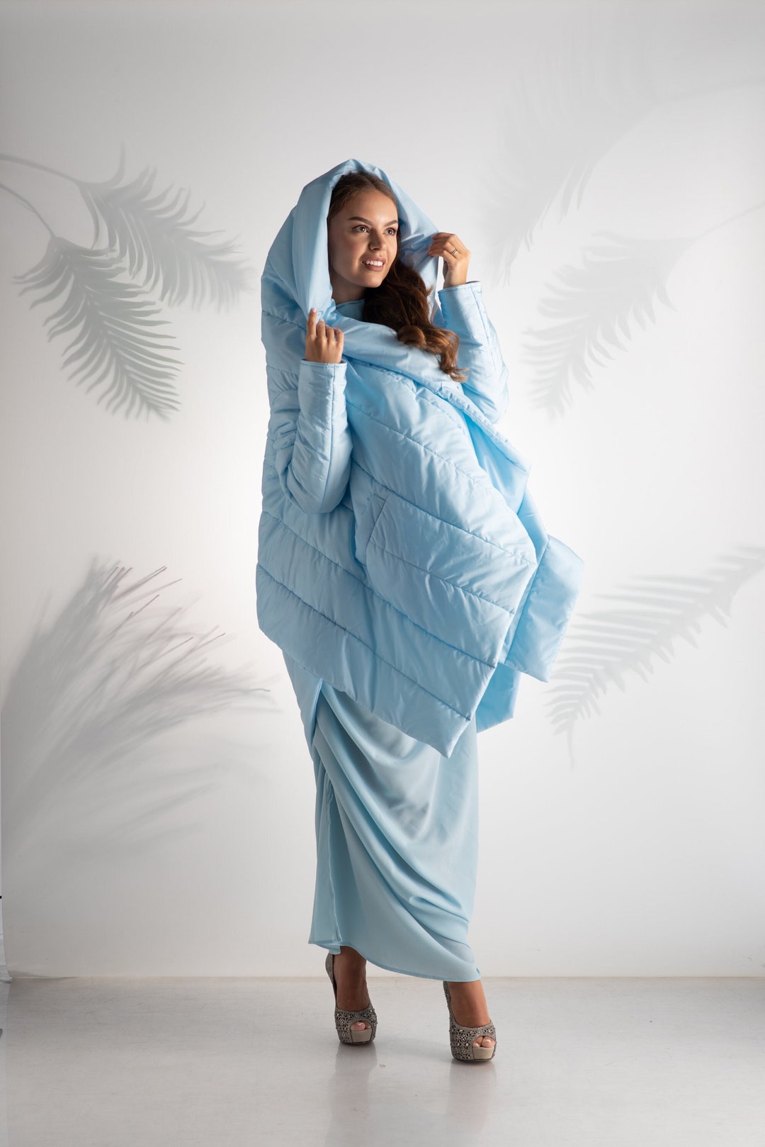 Sky Blue Jacket, Asymmetric Oversize Puffer Coat, Winter Clothing ...