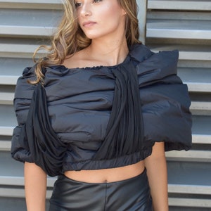 Cropped Puffer Jacket, Black Puffer Jacket, Deconstructed Clothing ...