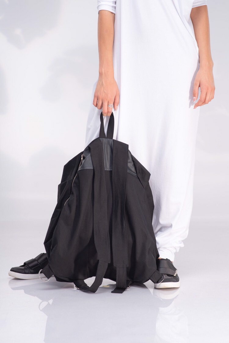 Leather Backpack Black Backpack Round Backpack Wool | Etsy