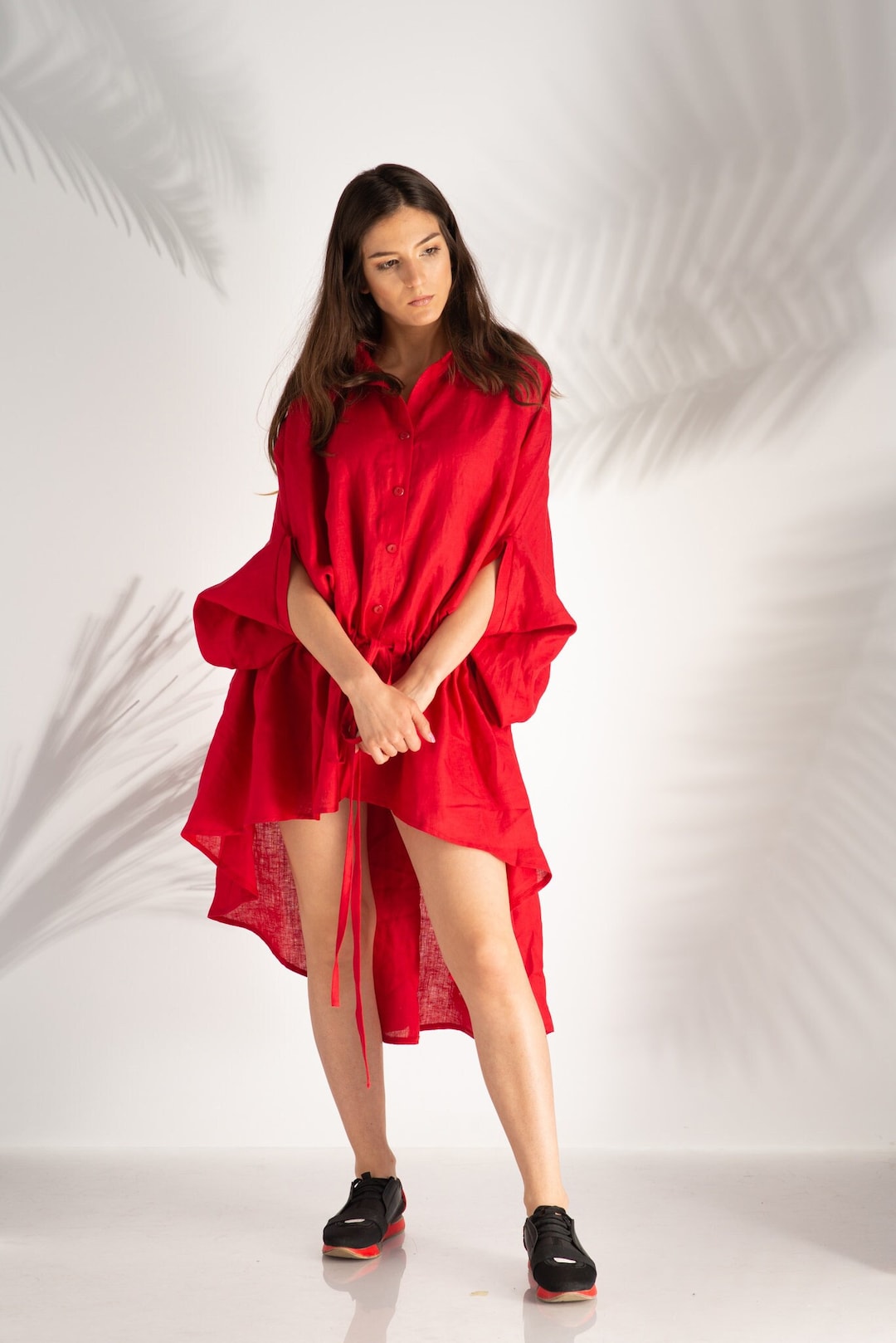 Red Linen Dress, Red Shirt Dress, Asymmetrical High Low Dress, Wedding ...