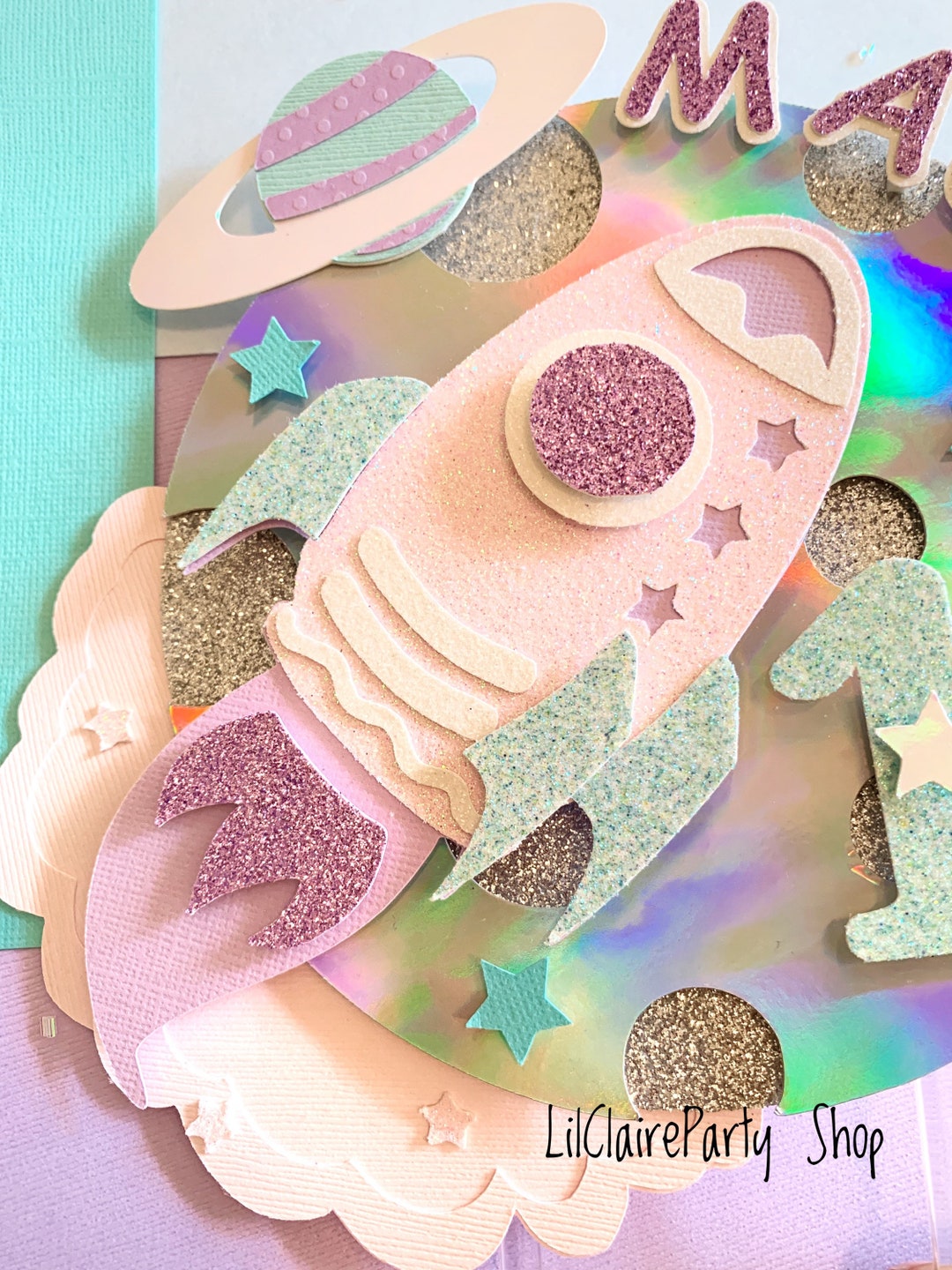 Rocket Ship Cake Topper: Glitter Outer Space Birthday Party Decoration ...